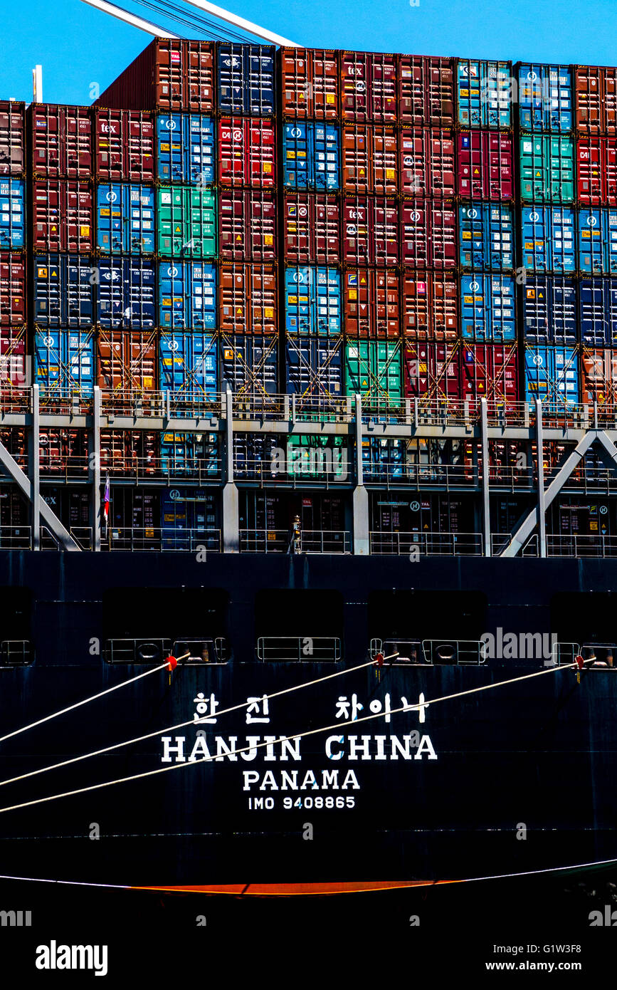 A Hanjin ship at the Port of Oakland California USA. Hanjin has filed ...