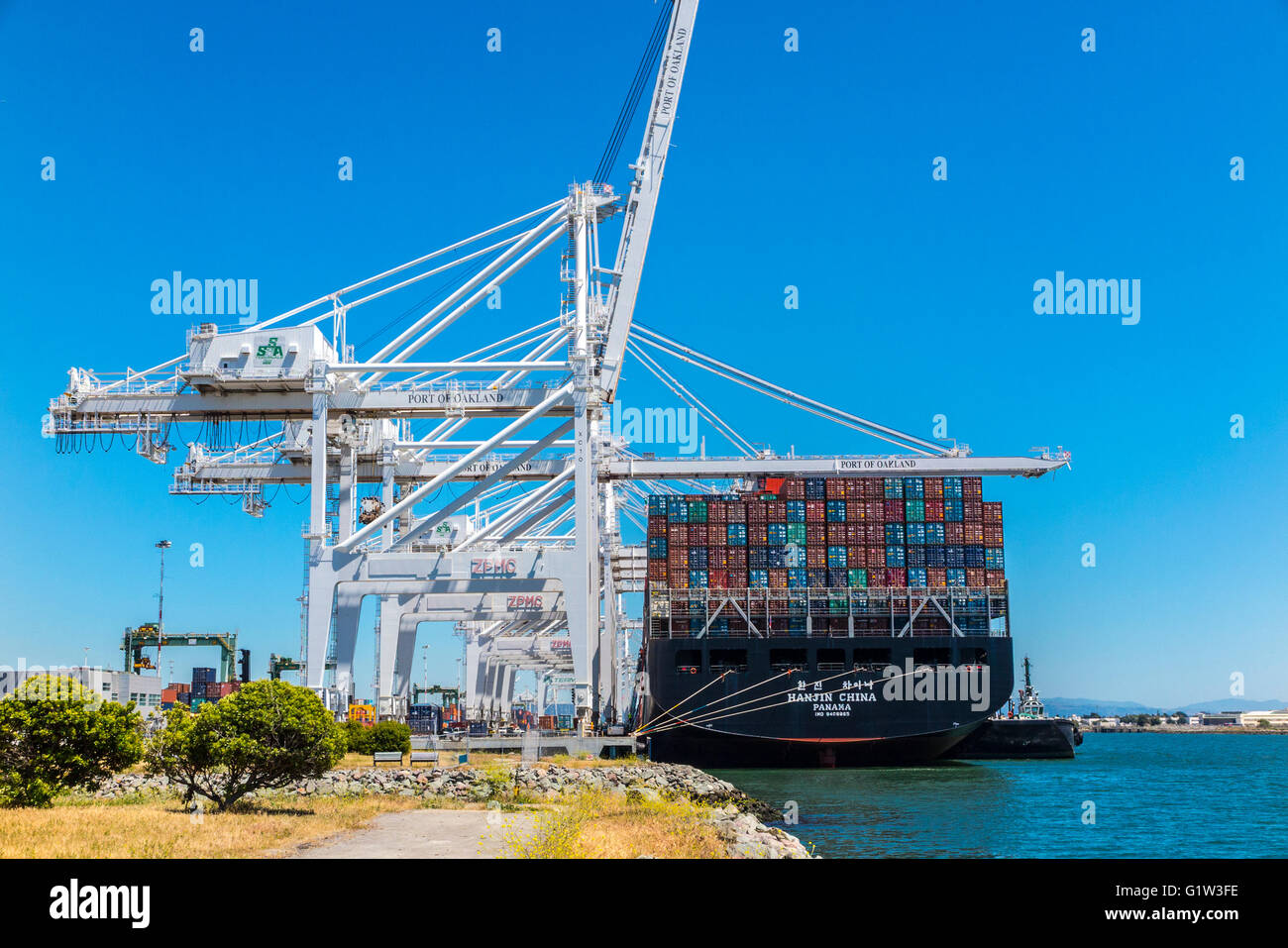 A Hanjin ship at the Port of Oakland California USA. Hanjin has filed ...