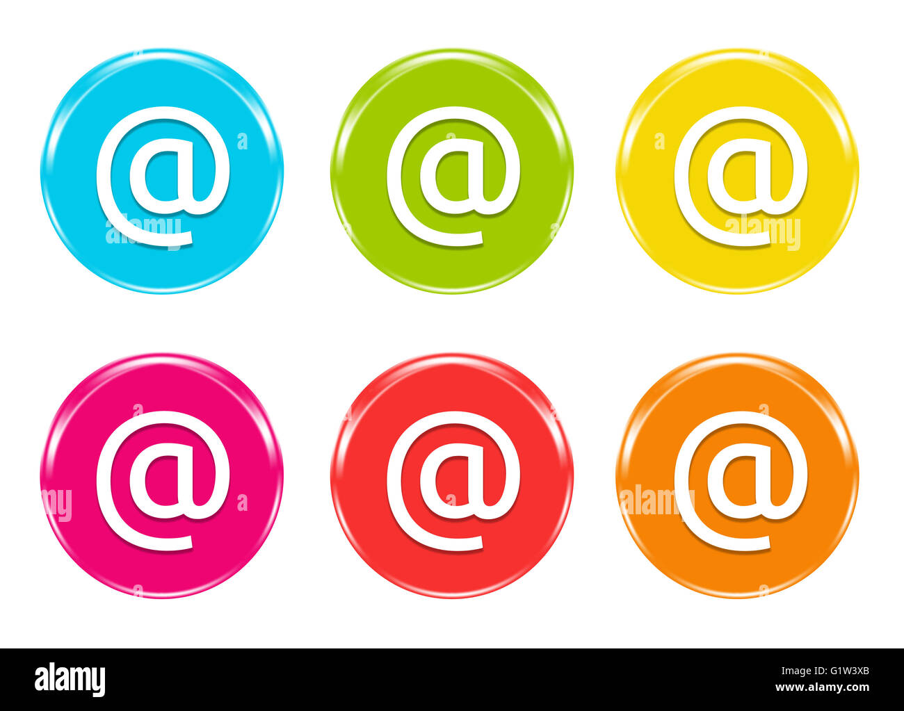 Colorful icons with an at sign symbol in blue, green, yellow, pink, red ...