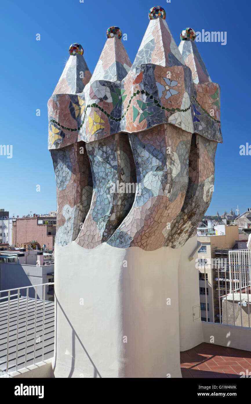 Casa Batllo in Barcelona Chimneys on the roof. Vertically. (Catalunya ...