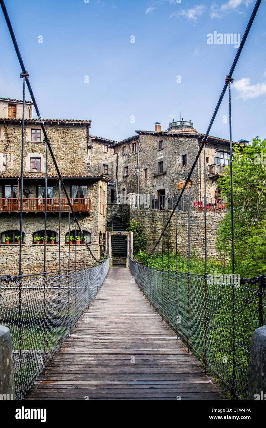 Pendant bridge in Rupit, medieval village, Catalonia, Spain Stock Photo ...