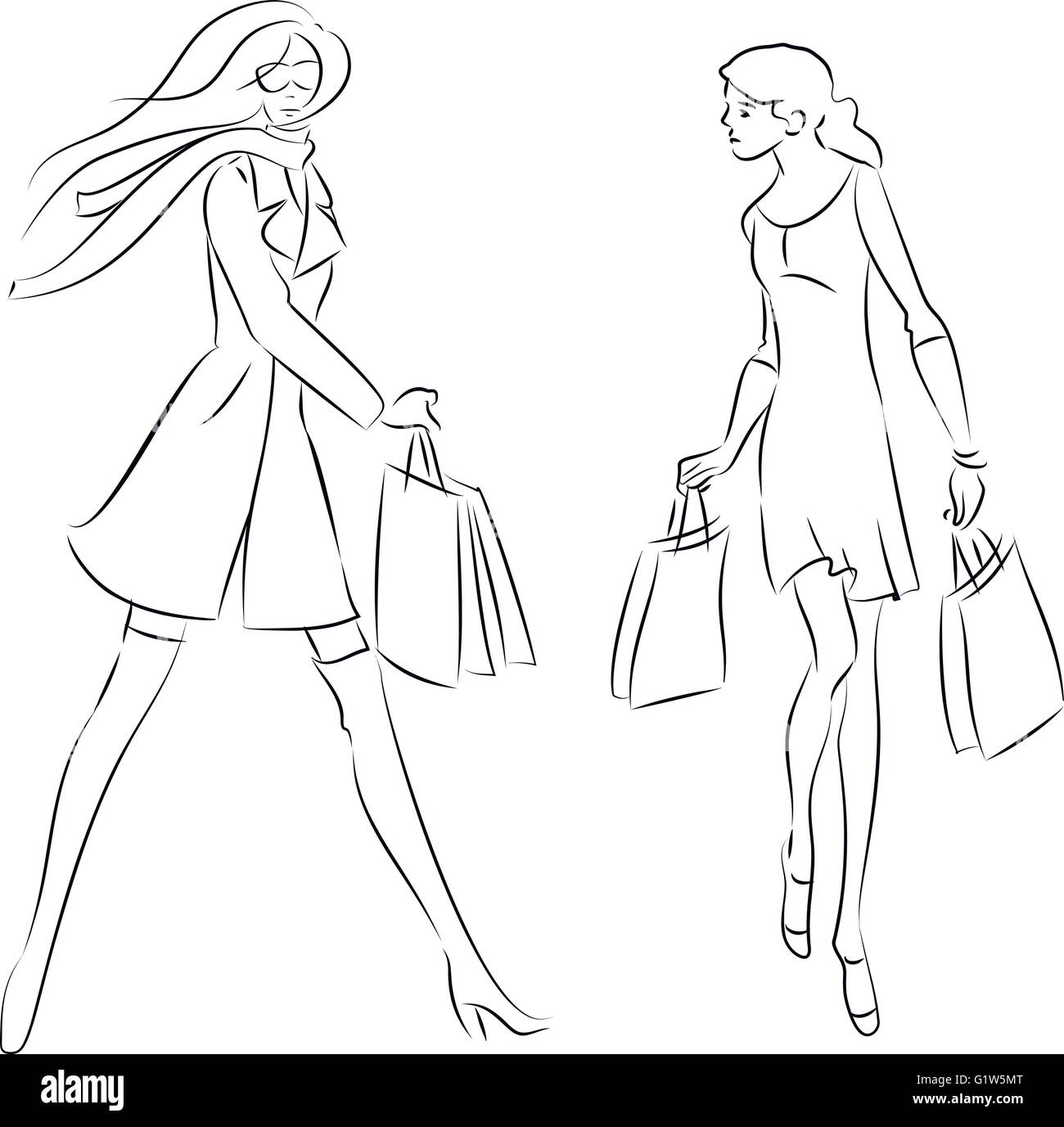 Women shopper bags drawing illustration hi-res stock photography and ...