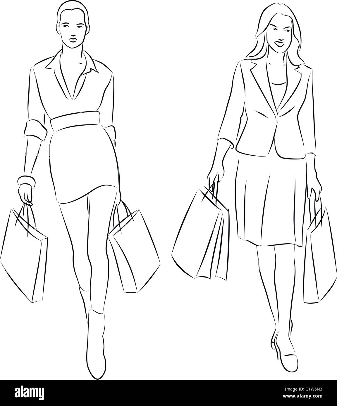 vector illustration of women with shopping bags in line art mode Stock ...