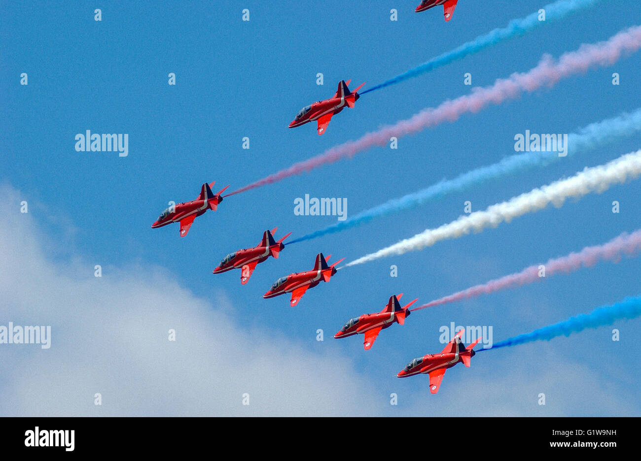 Red Arrows Display Team. BAE SYSTEMS Hawk T1 aircraft performing stunts ...
