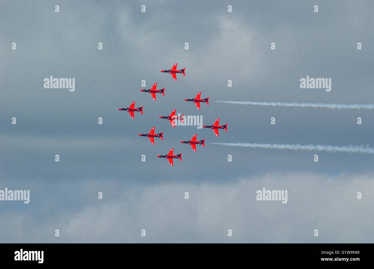 Red Arrows Display Team. BAE SYSTEMS Hawk T1 aircraft performing stunts ...