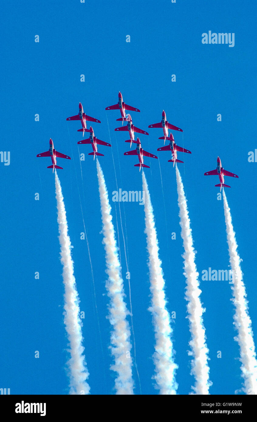 Red Arrows Display Team. BAE SYSTEMS Hawk T1 aircraft performing stunts ...