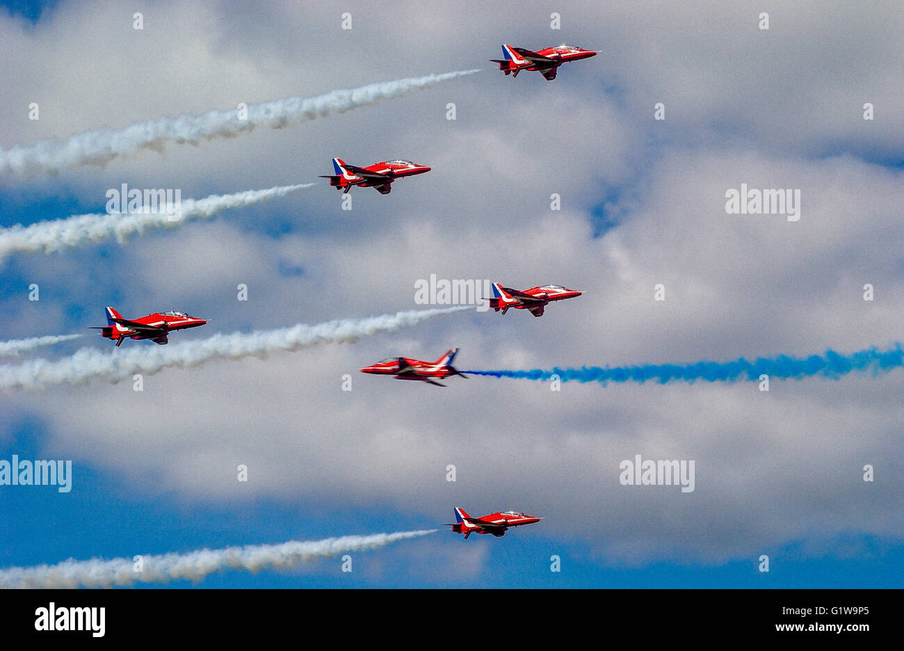 Red Arrows Display Team. BAE SYSTEMS Hawk T1 aircraft performing stunts ...