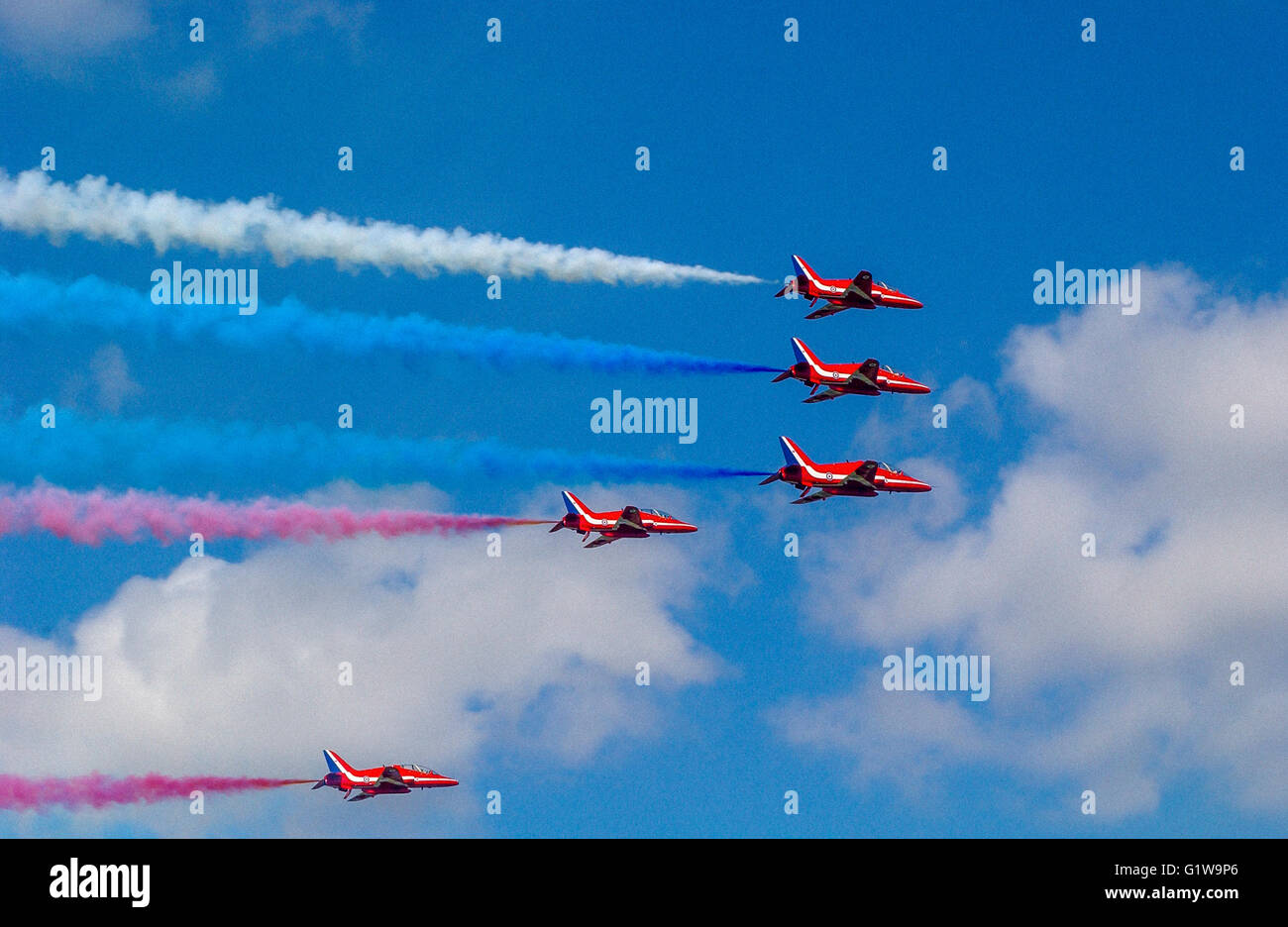 Red Arrows Display Team. BAE SYSTEMS Hawk T1 aircraft performing stunts ...