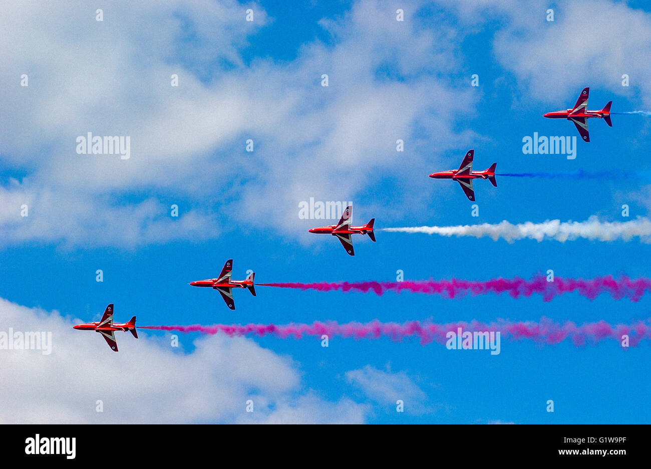 Red Arrows Display Team. BAE SYSTEMS Hawk T1 aircraft performing stunts ...