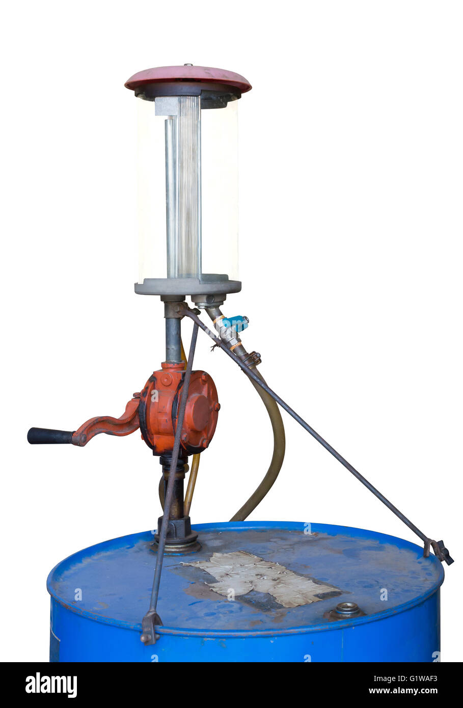 Old blue gasoline tank with hand pump isolated on white background with ...