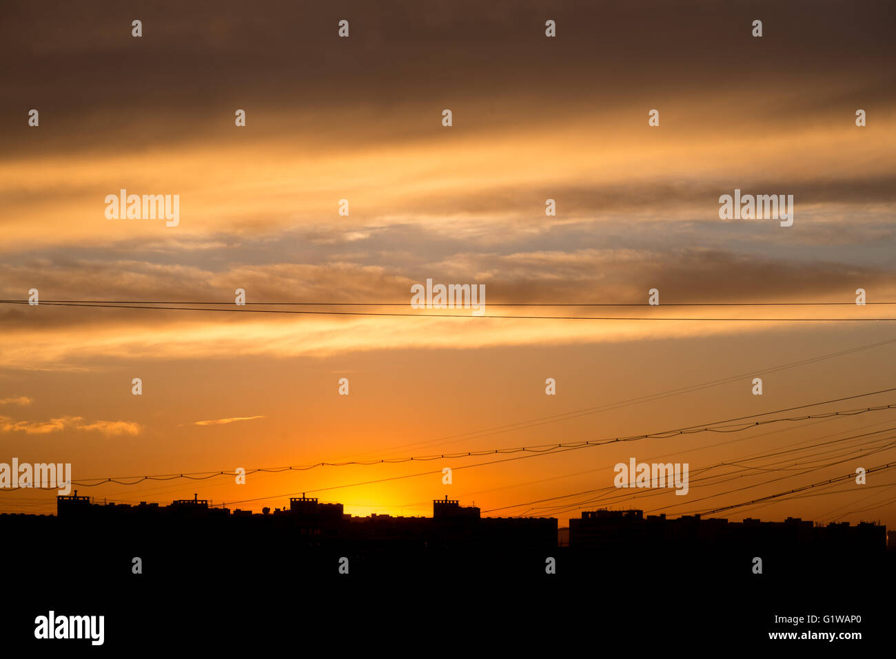 Natural background of colorful red sky during sunset time with street ...
