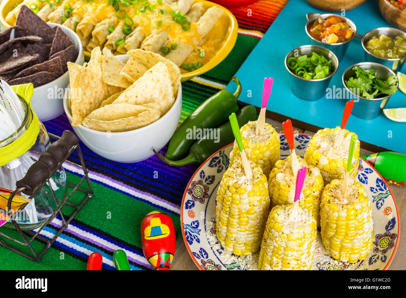 Fiesta party buffet table with traditional Mexican food Stock Photo - Alamy