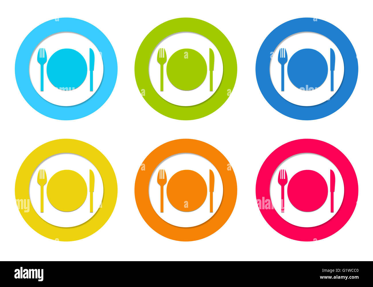 Set of rounded icons with restaurant symbol in blue, green, yellow ...