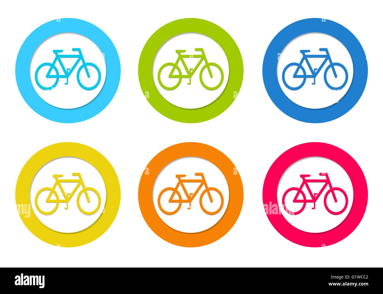 Set of colorful rounded icons with bicycle symbol in blue, green ...
