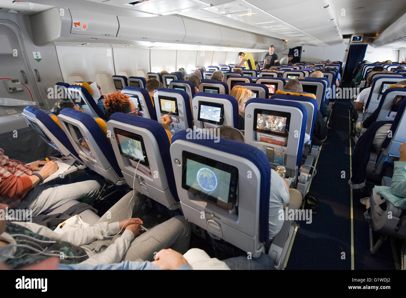 Interior of an airplane on an intercontinental flight to America Stock ...