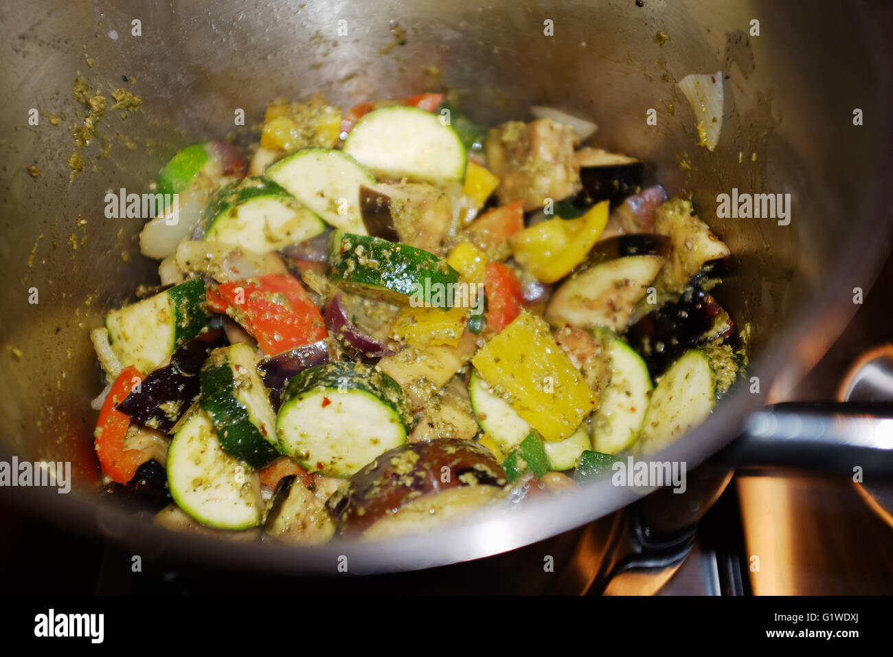Ratatouille or Provencal French vegetable stew cooing in a stock ...