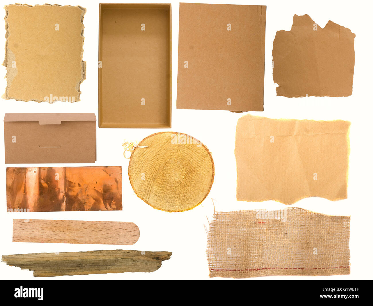 variety of backgrounds, paper, burlap, wood and copper on the white ...