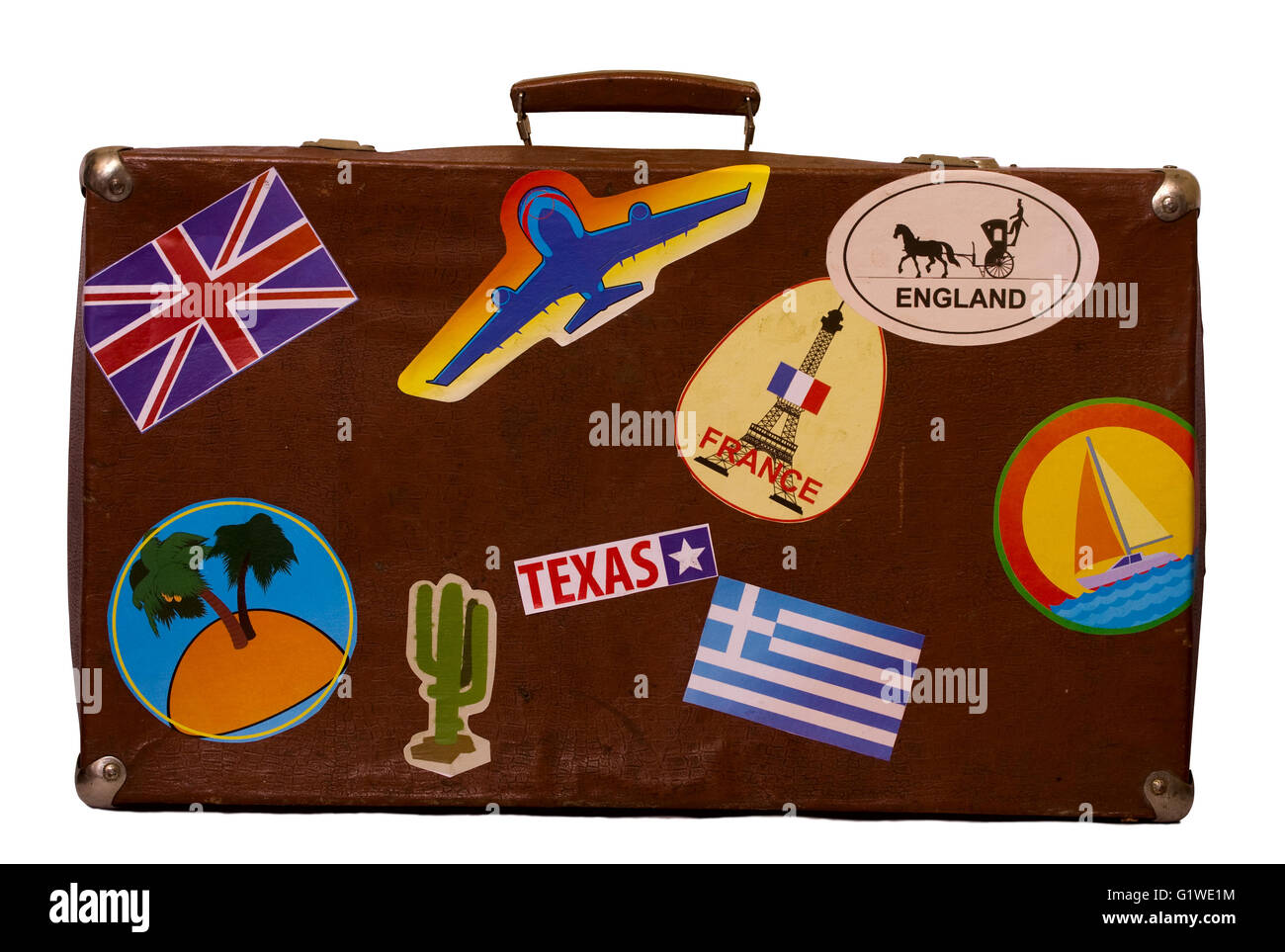 old brown suitcase with labels front view. On white background Stock ...
