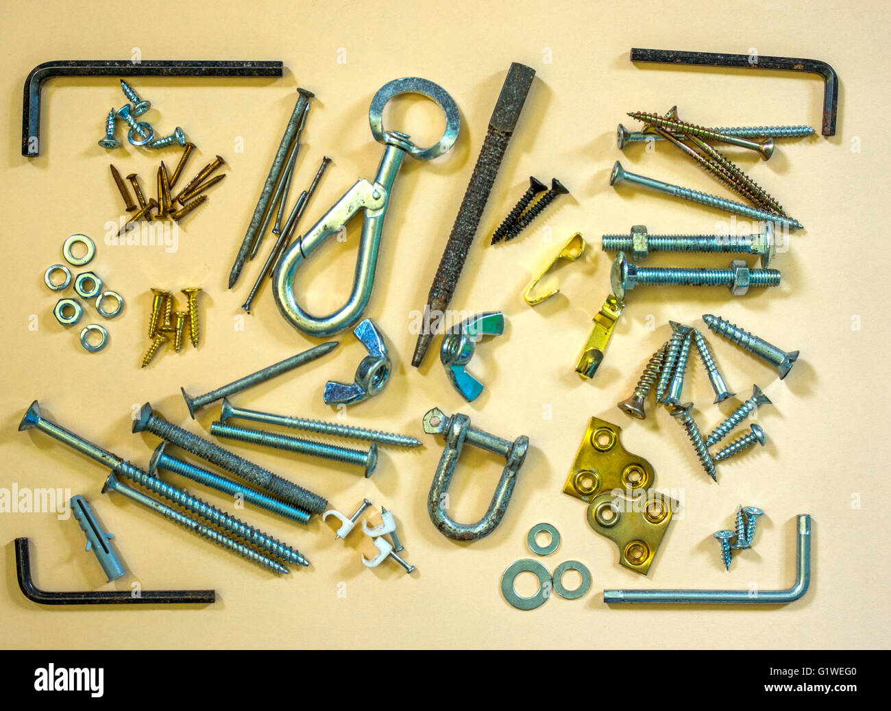 A collection of small items likely to be found in a tool box Stock ...