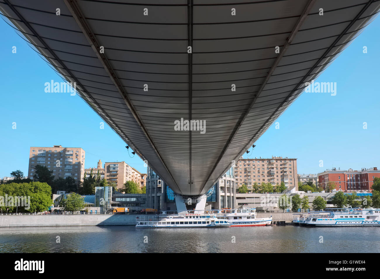 Futuristic view of the bottom of the bridge Bagration and pier ...