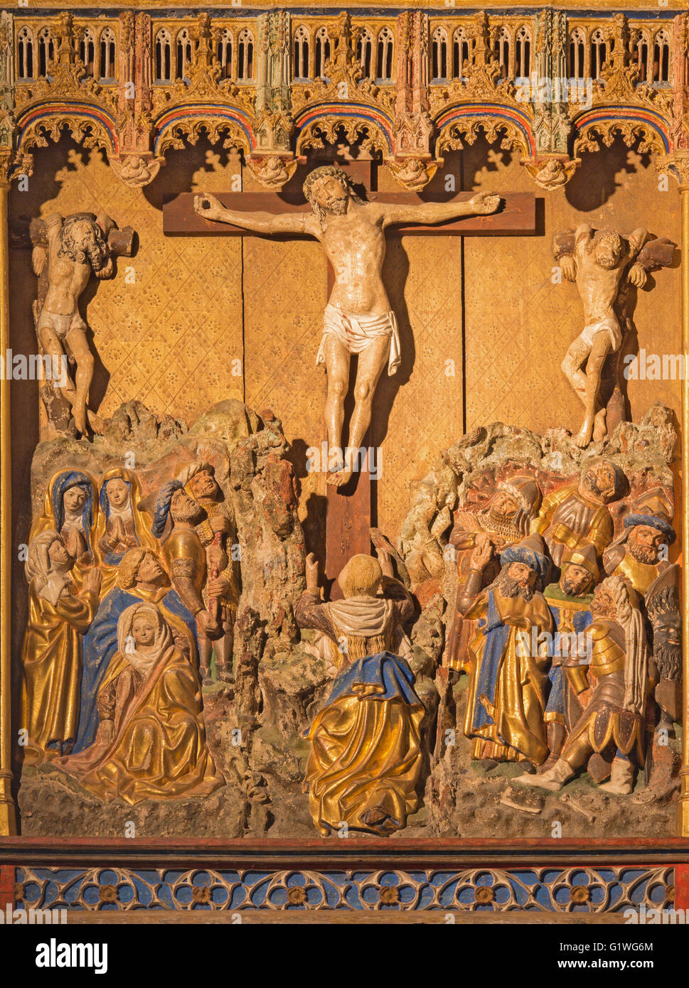 SEGOVIA, SPAIN, APRIL - 14, 2016: The polychrome gothic relief of ...