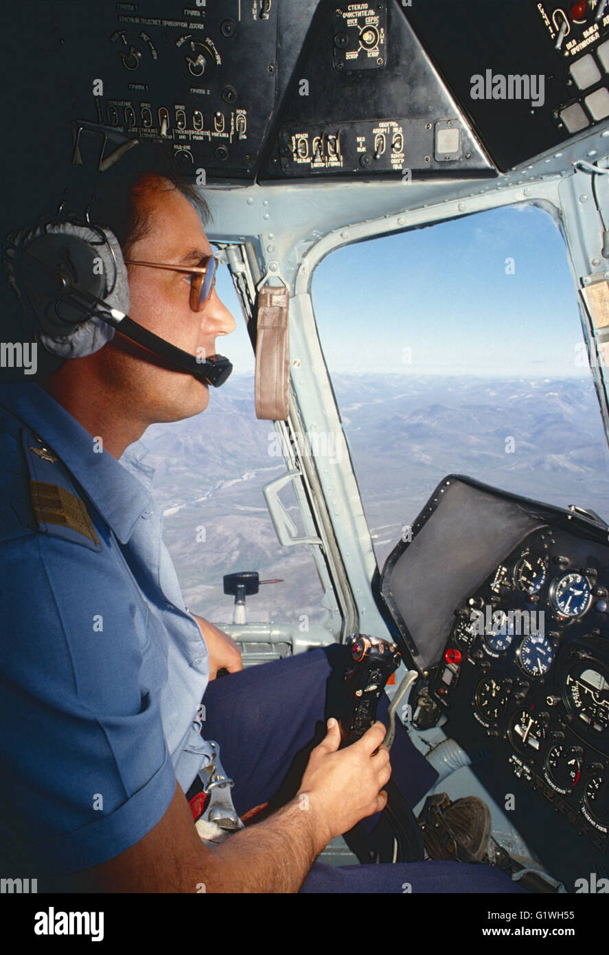 Aerial view from chartered Aeroflot helicopter of pilot; Siberia ...