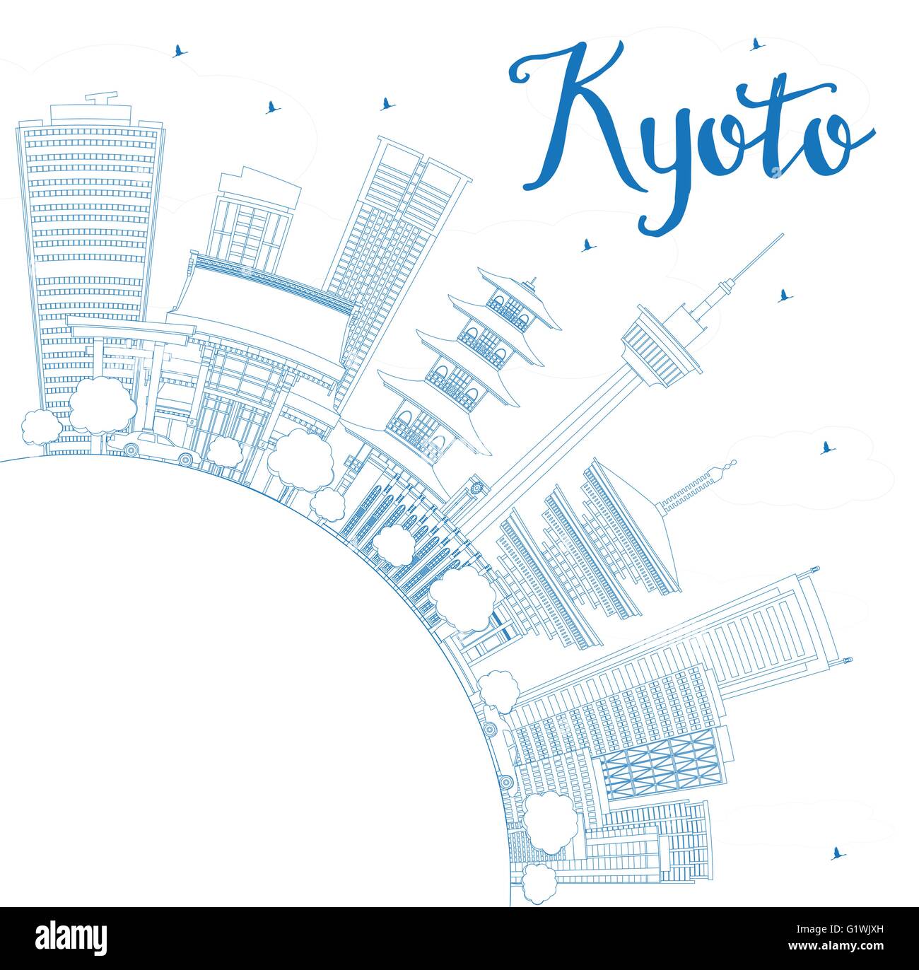 Outline Kyoto Skyline with Blue Landmarks and Copy Space. Vector ...