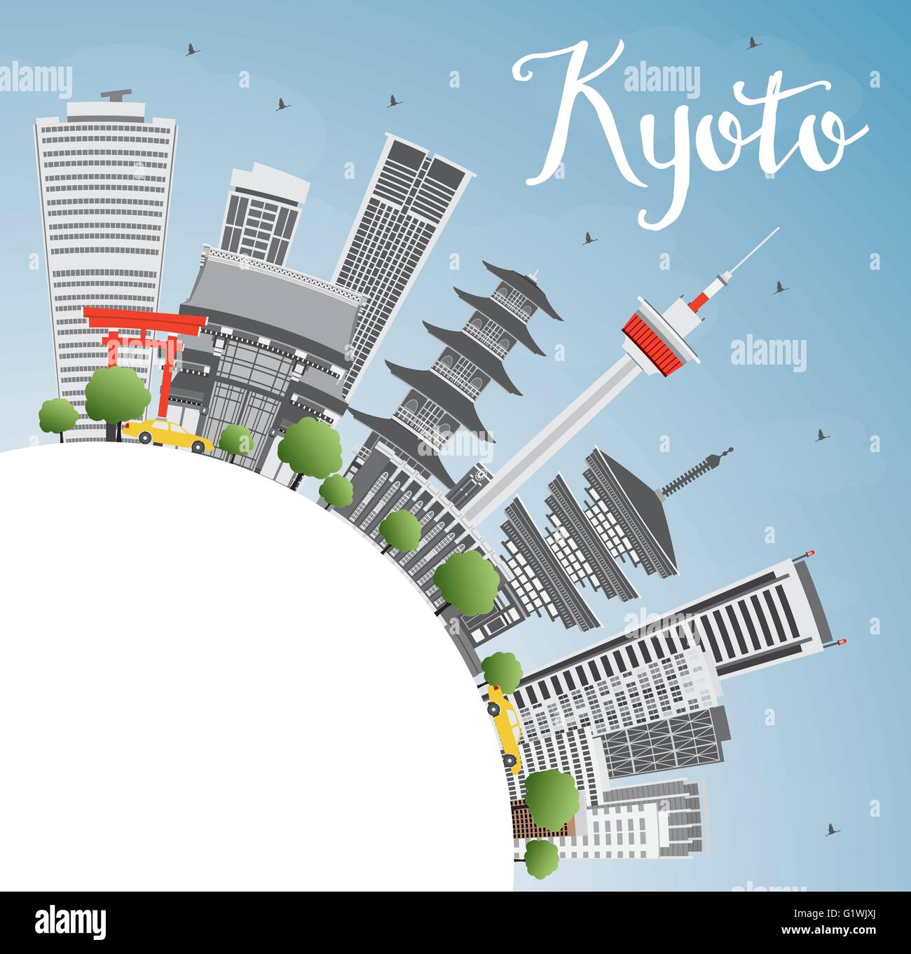 Kyoto Skyline with Gray Landmarks, Blue Sky and Copy Space. Vector ...