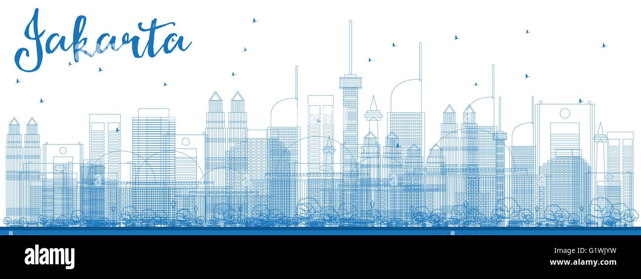 Outline Jakarta skyline with blue landmarks. Vector illustration ...
