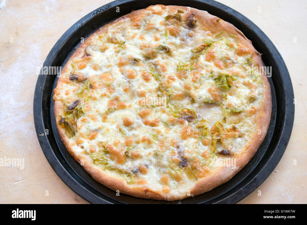 boiling handcfraft pizza with zucchini flowers and mozzarella just ...