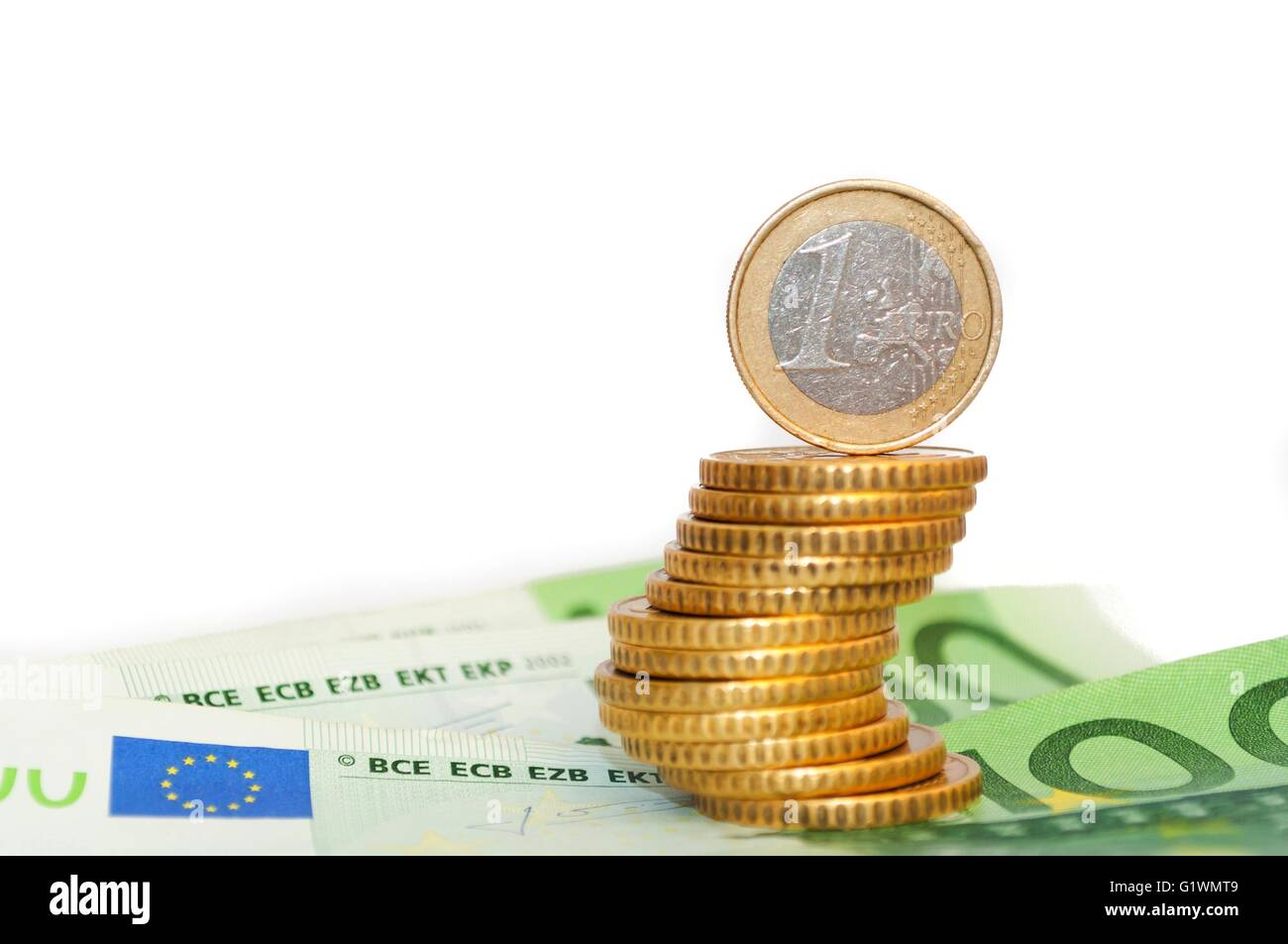 Stack of Euro coins with 1 Euro coin on the top isolated on white ...