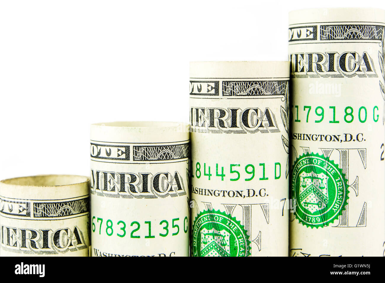 rising steps made of one american dollar banknotes on white background ...