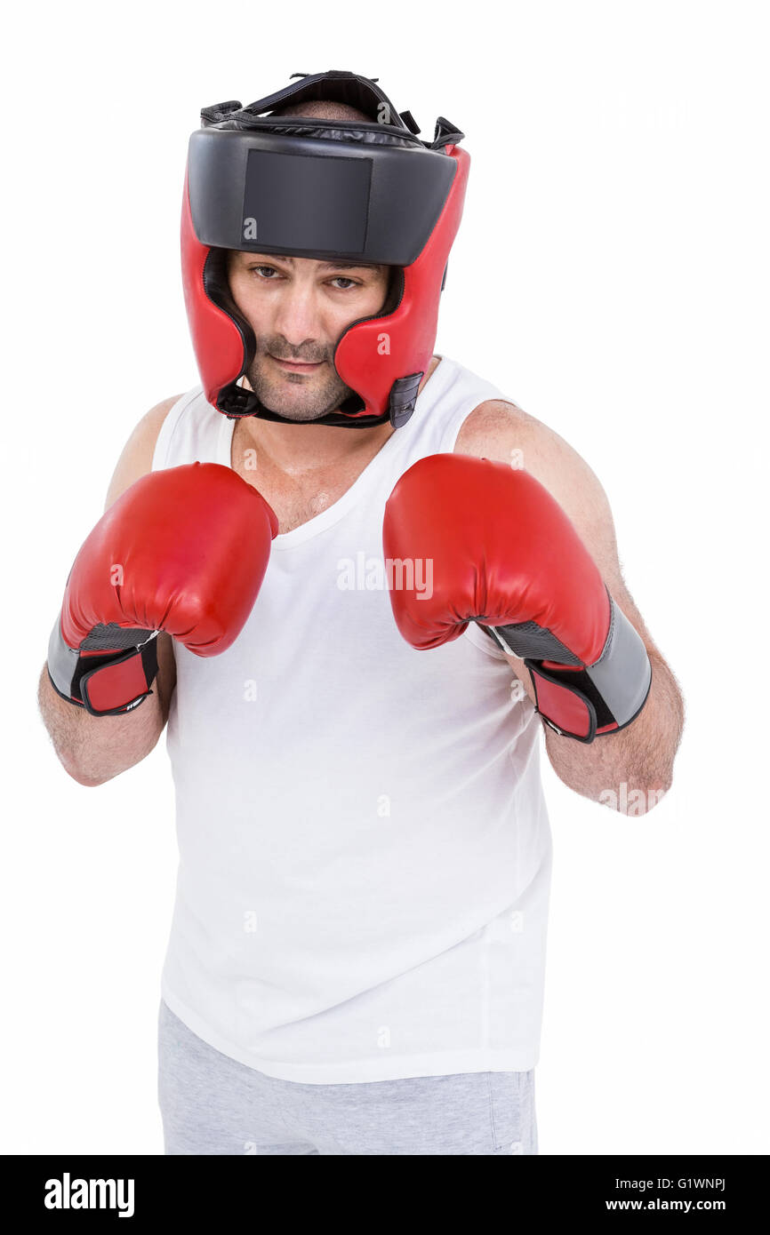 Boxer wearing head protector and gloves Stock Photo - Alamy
