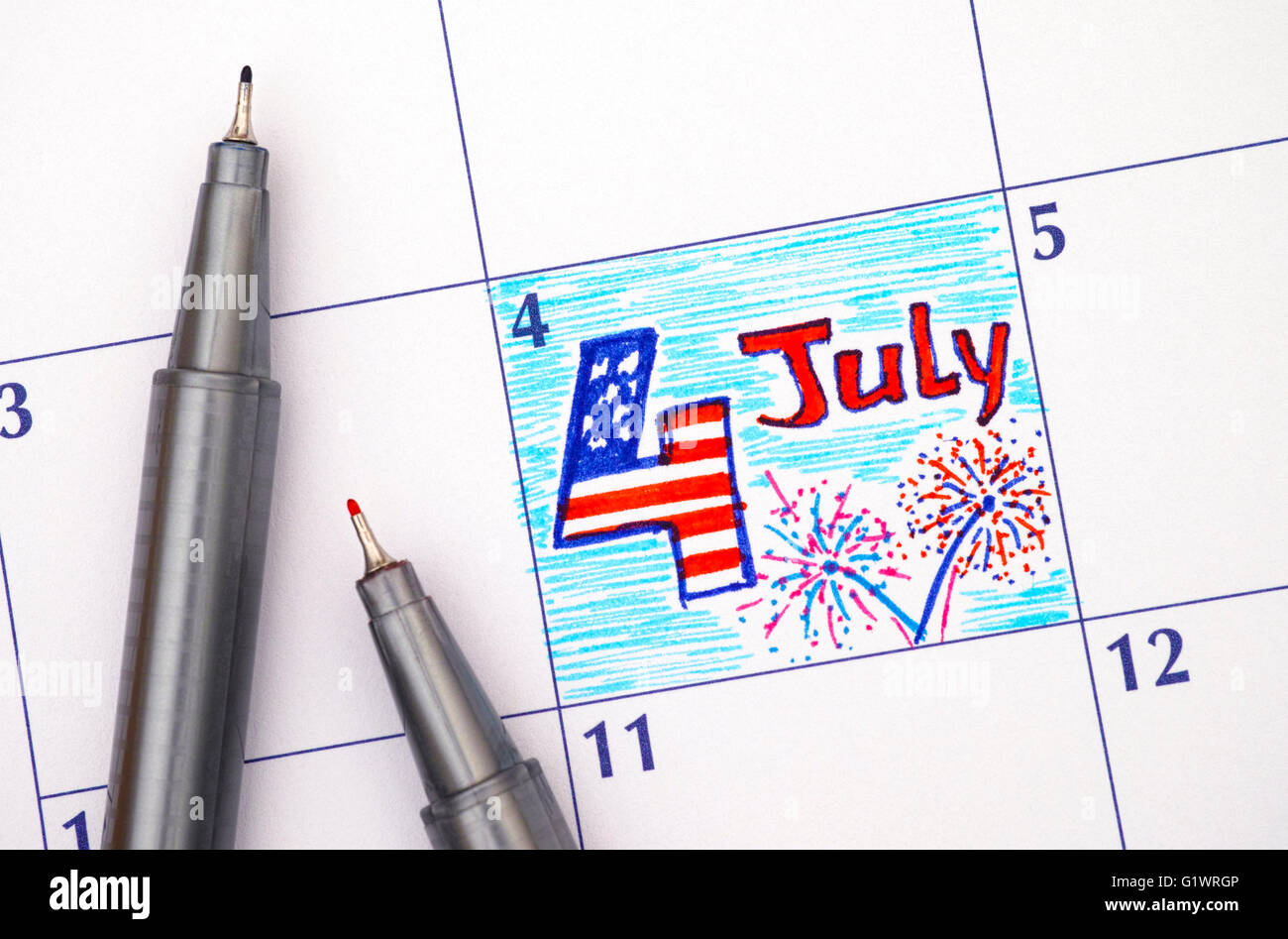 4th of July, Independence day in calendar with pens Stock Photo - Alamy