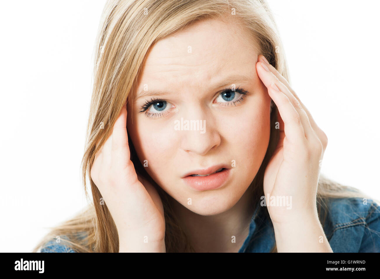 Girl has headache isolated on white Stock Photo - Alamy