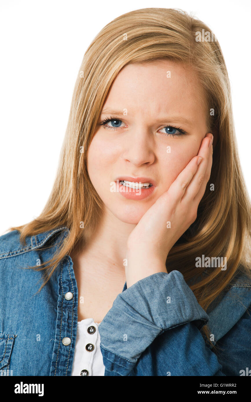 Girl has tooth pain isolated on white Stock Photo - Alamy