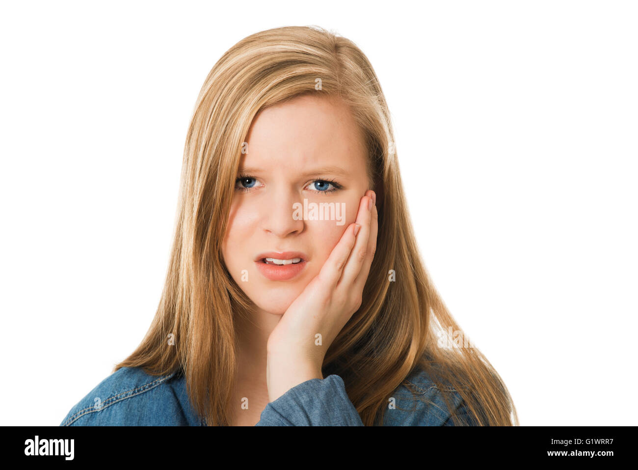Girl has tooth pain isolated on white Stock Photo - Alamy