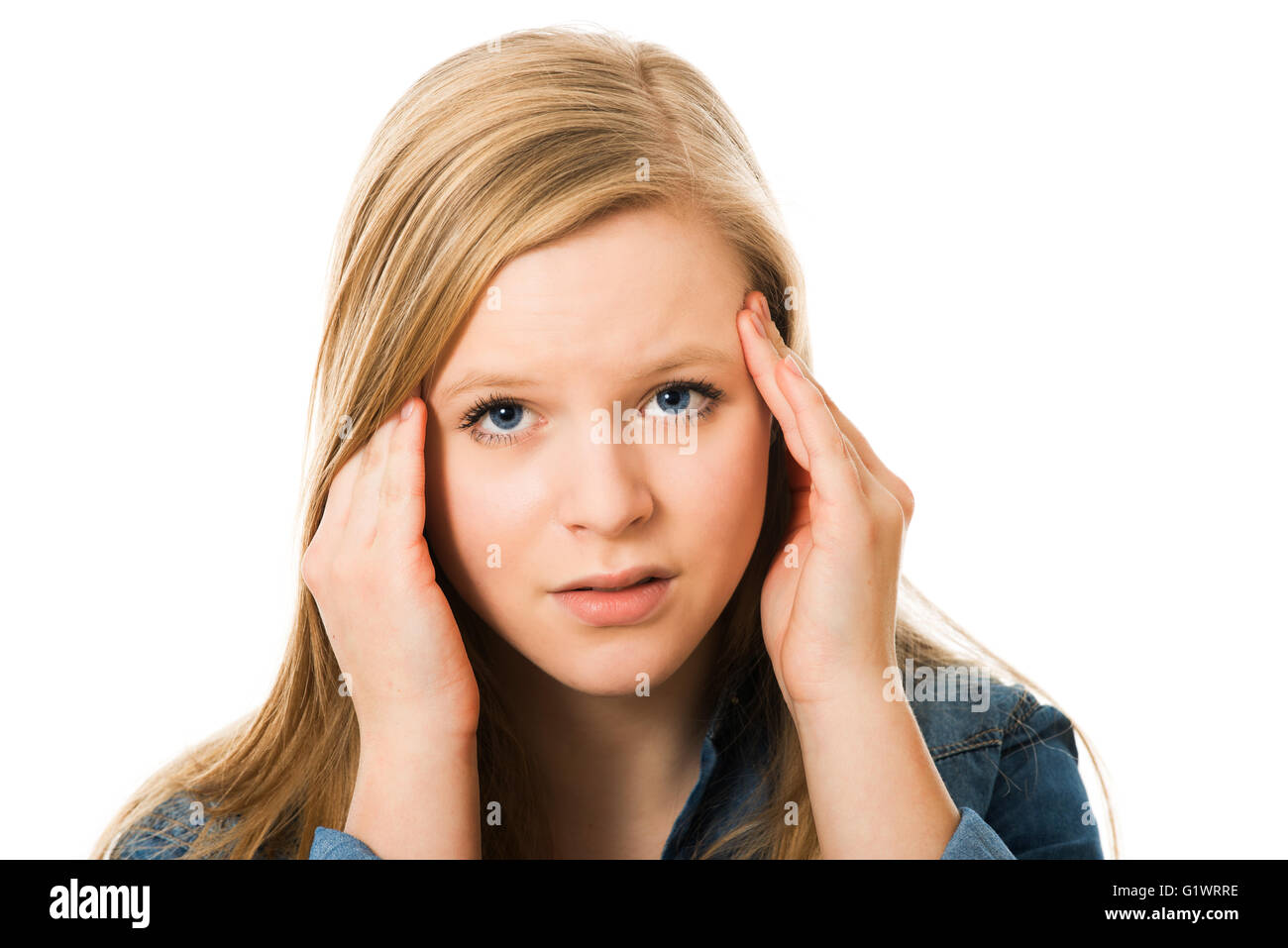 Girl has headache isolated on white Stock Photo - Alamy