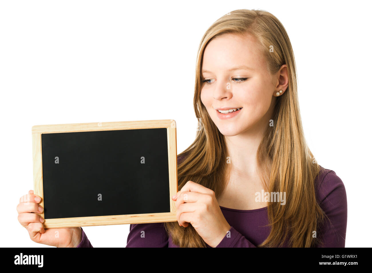 Teenage girl with chalkboard isolated on white Stock Photo - Alamy