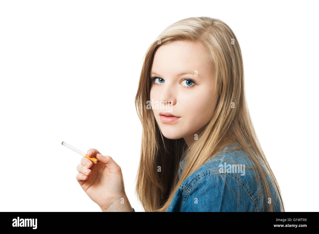 Teenage girl with cigarette isolated on white Stock Photo - Alamy
