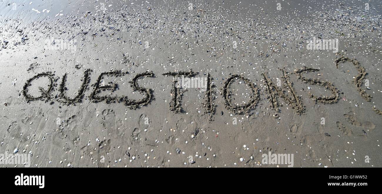 Word QUESTIONS written in large letters on the sand Stock Photo - Alamy