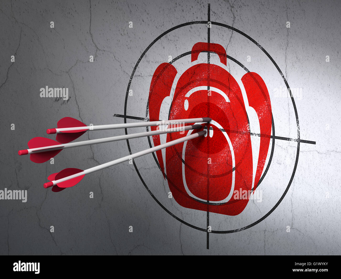 Learning concept: arrows in Backpack target on wall background Stock ...