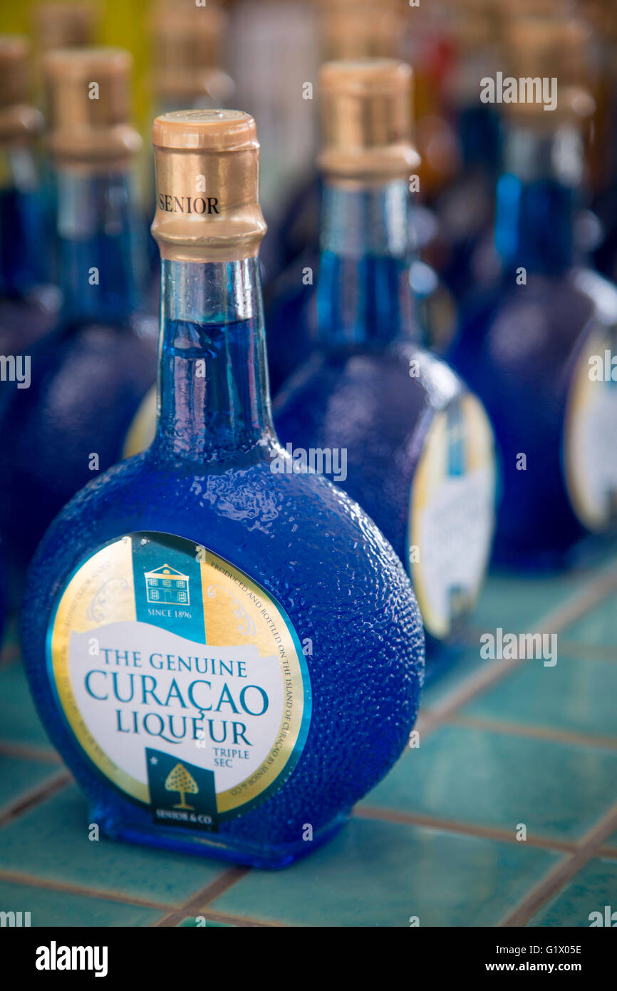 Bottles of Blue Curacao on a bar counter in Willemstad, Curacao ...
