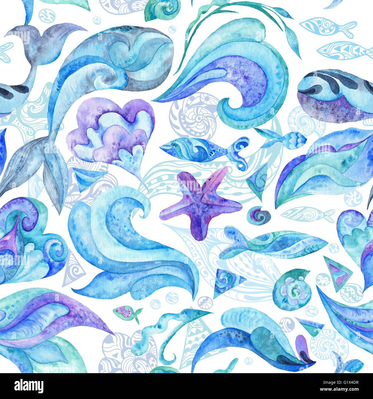 Nautical underwater texture with fishes, whales, starfishes, shells and ...