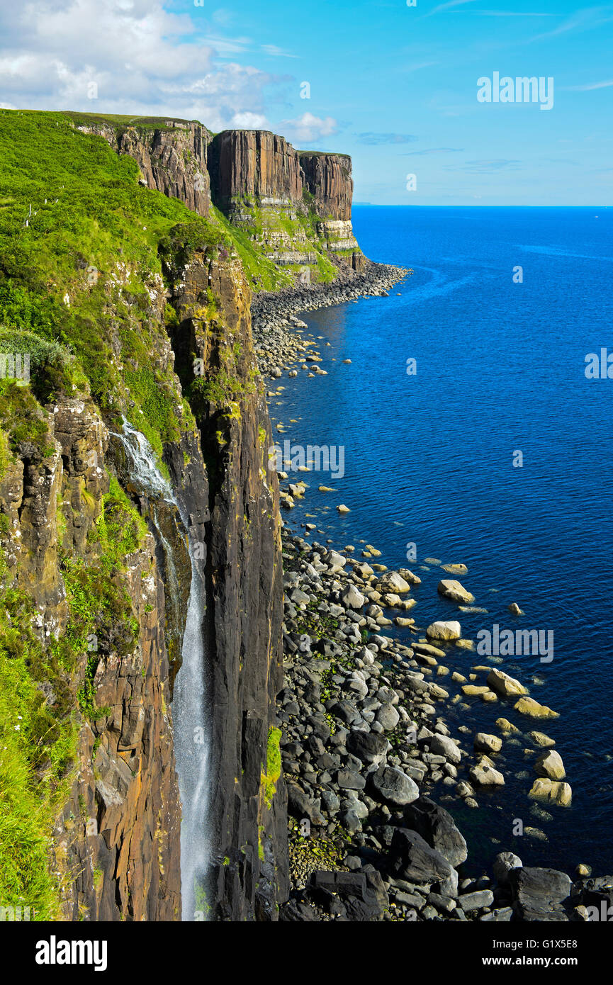 Mealt Waterfall and Kilt Rock basalt cliffs near Staffin, Isle of Skye ...
