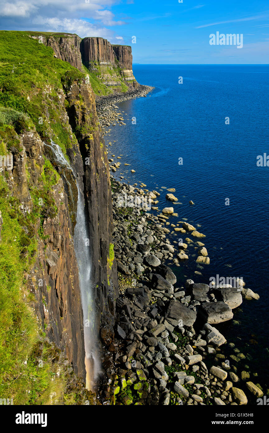 Mealt Waterfall and Kilt Rock basalt cliffs near Staffin, Isle of Skye ...