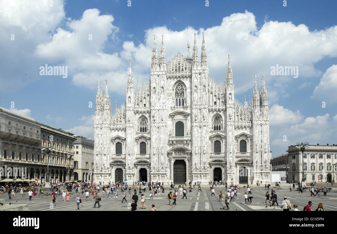 Rare aerial front view of the famous Duomo square in Milan, Italy Stock ...