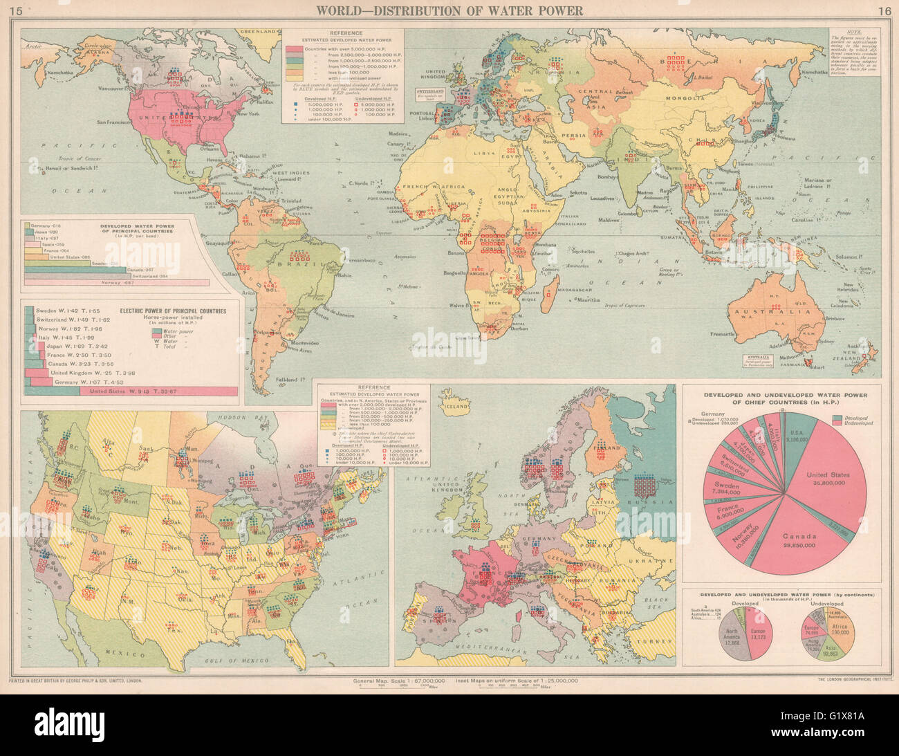 World. Distribution of water power. Hydroelectric, 1925 vintage map ...