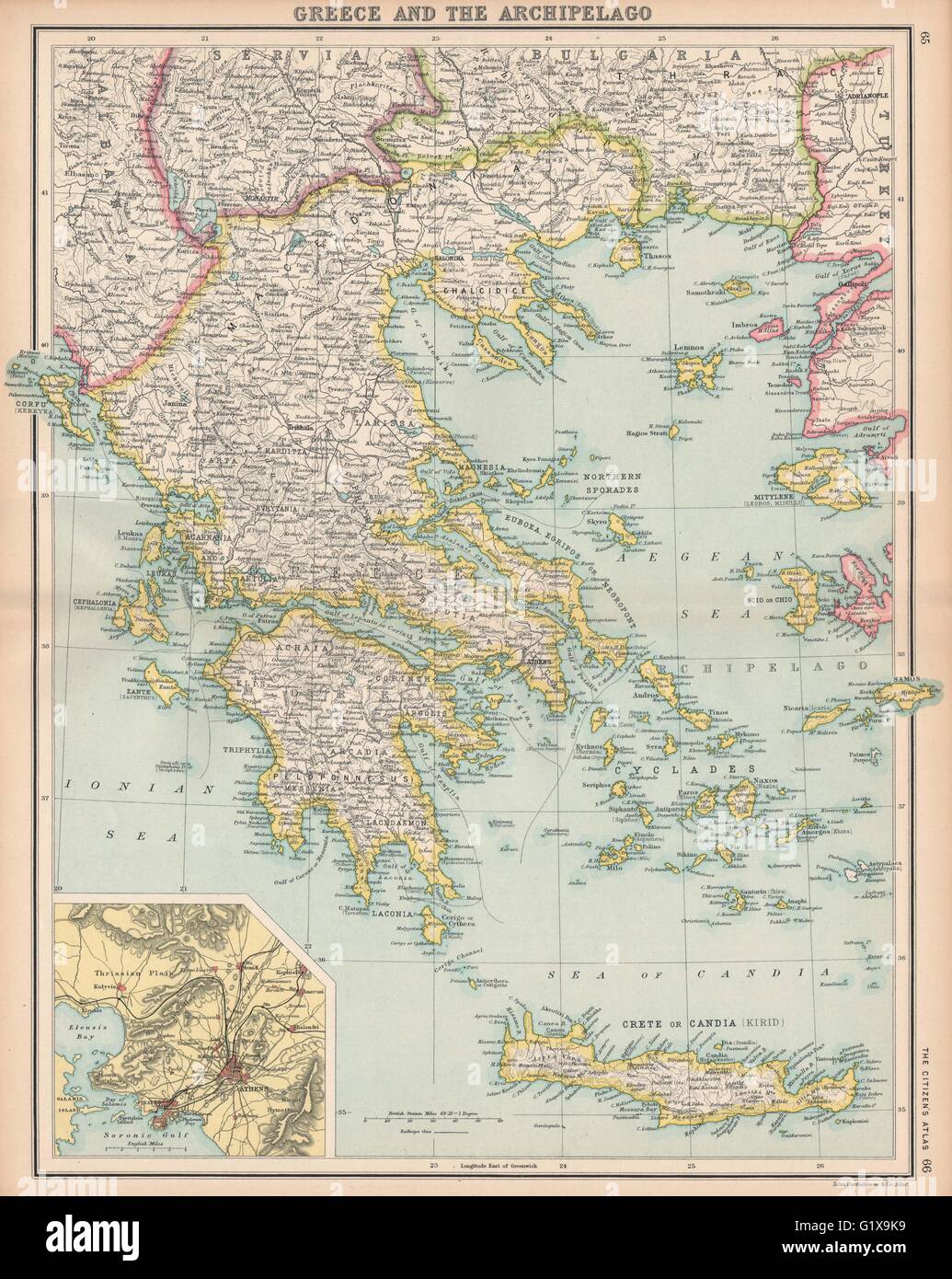GREECE. Aegean & Ionian Islands Crete. Inset Athens. BARTHOLOMEW, 1912 ...