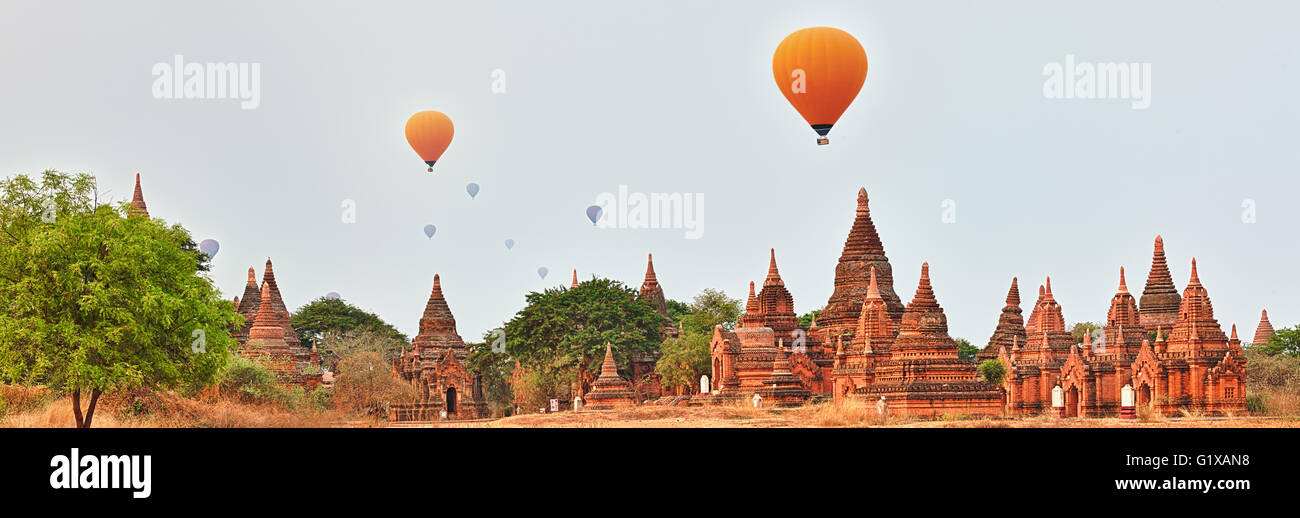 Balloons over Temples at sunrise in Bagan. Myanmar. Panorama Stock ...